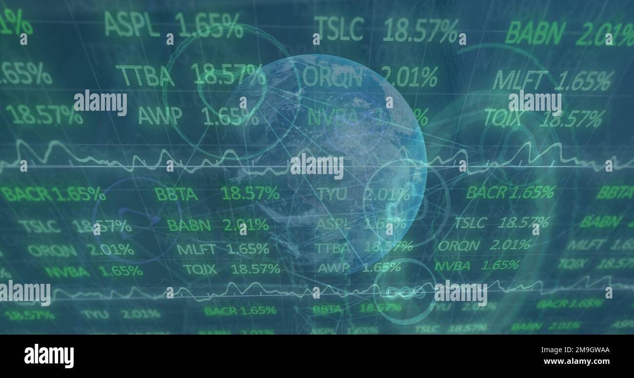 Image of stock market over network of connections and globe on green ...