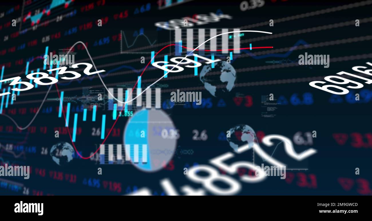 Image of multiple changing numbers over stock market data processing against black background ...