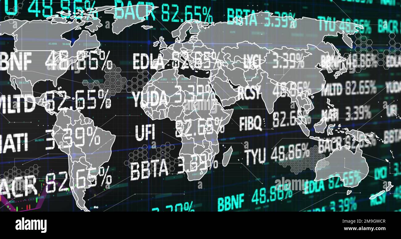 Image of stock market over world map on black background Stock Photo ...