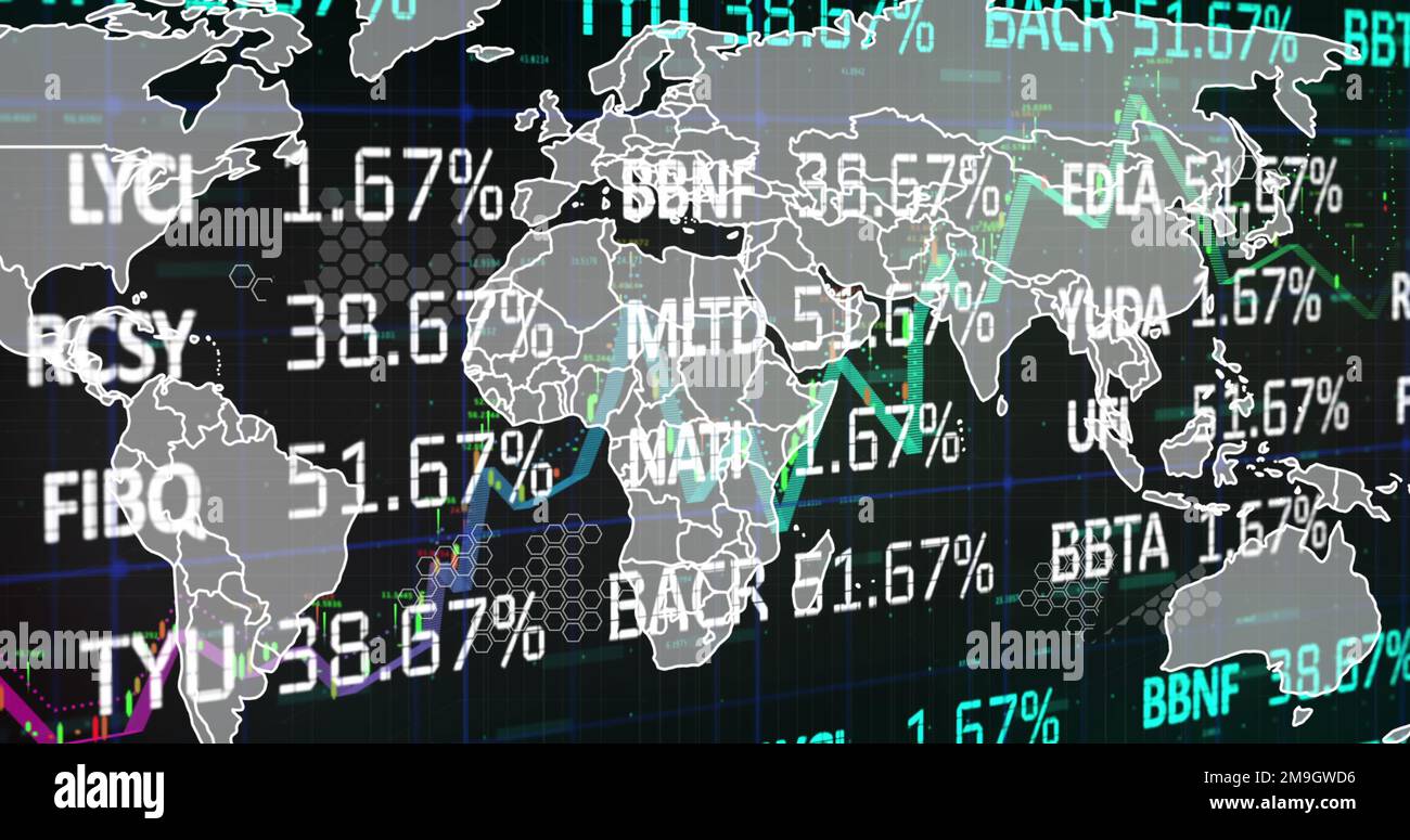 Image of stock market over world map on black background Stock Photo ...