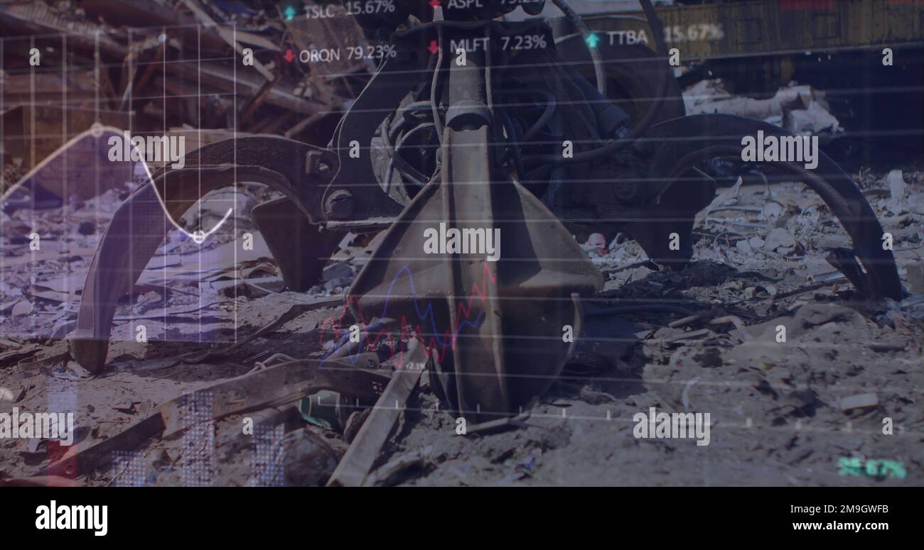 Image of stock market data processing over magnetic crane operating at ...
