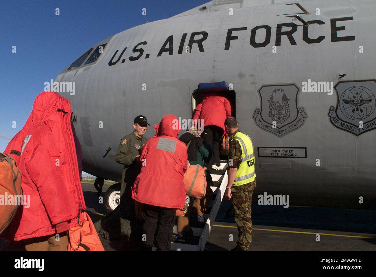Passengers board a C-141C Starlifter for departure from Christchurch ...