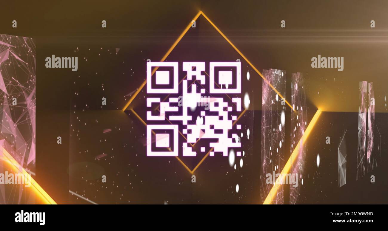 Neon pink qr code scanner against multiple screens with plexus networks ...