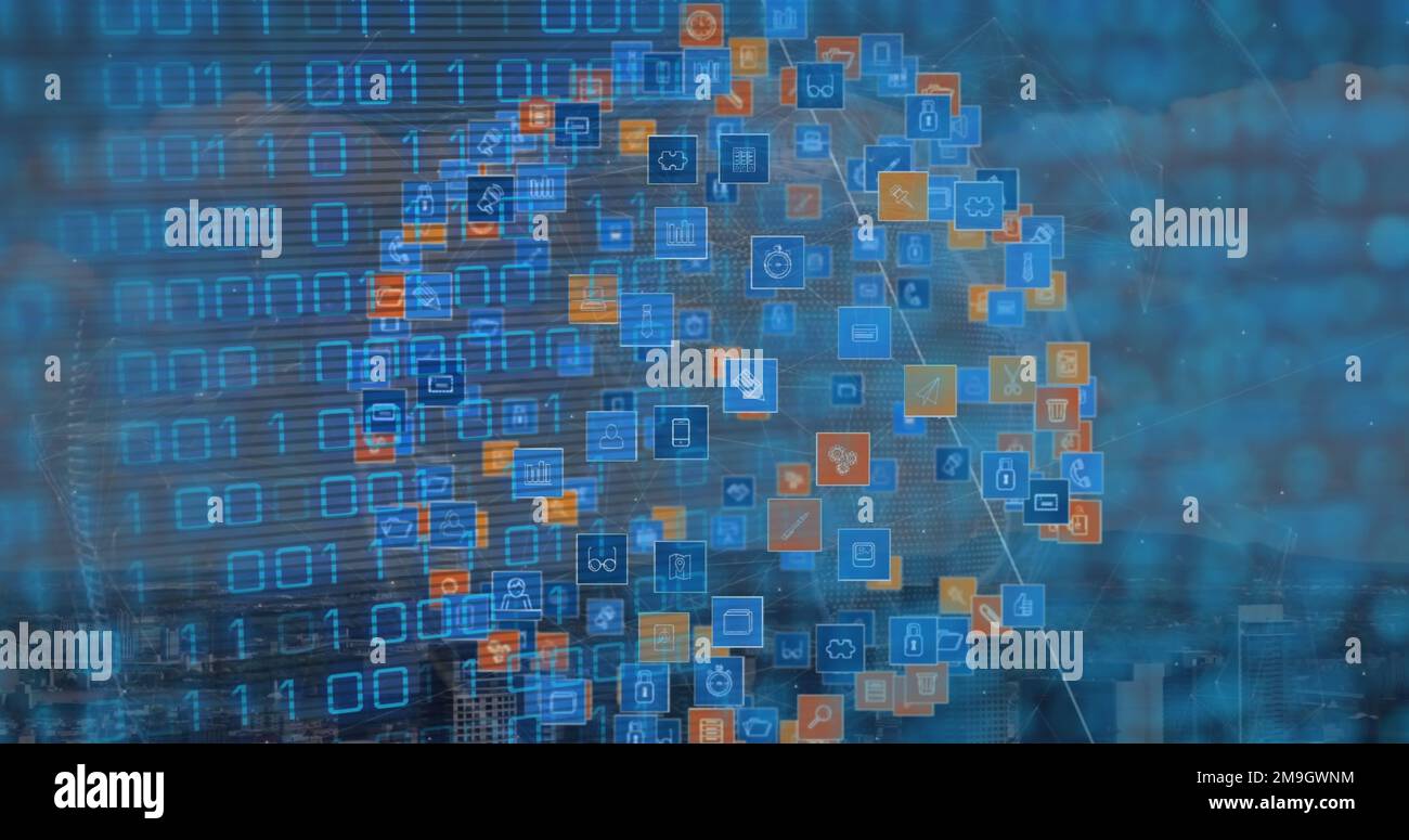 Image of binary code over globe made of icons Stock Photo - Alamy