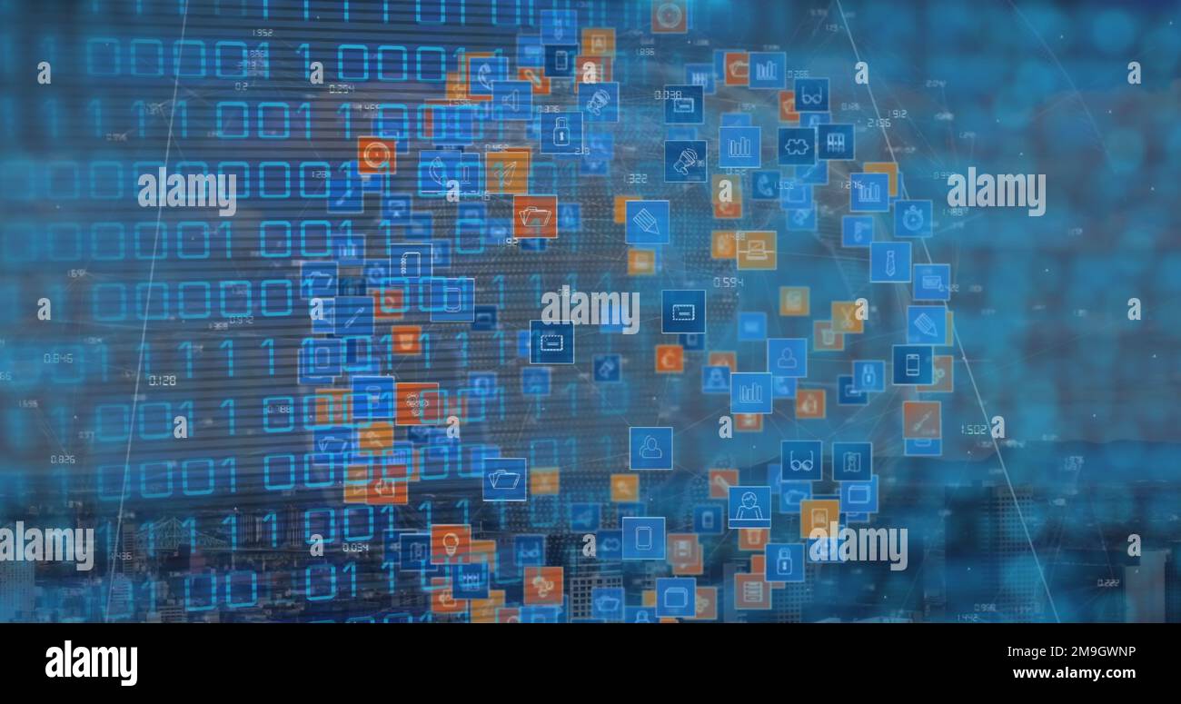 Image of binary code over globe made of icons Stock Photo - Alamy