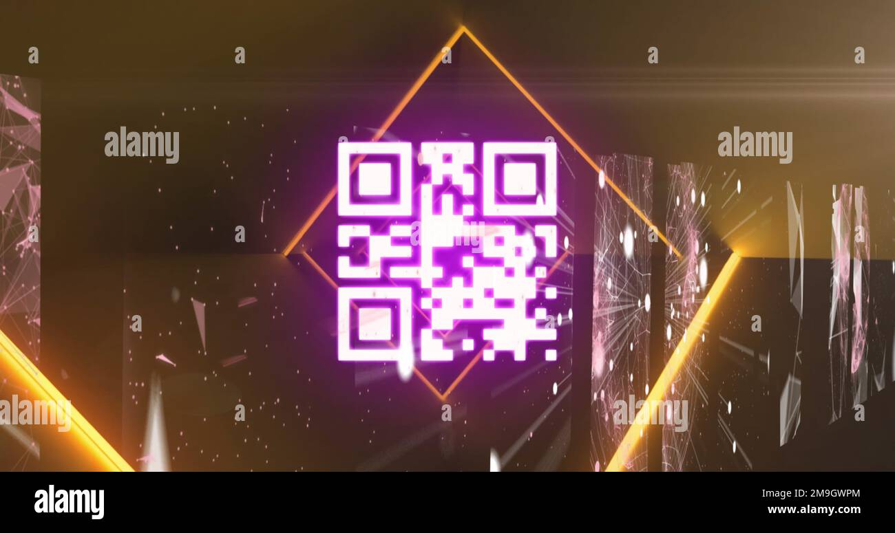 Neon pink qr code scanner against multiple screens with plexus networks ...