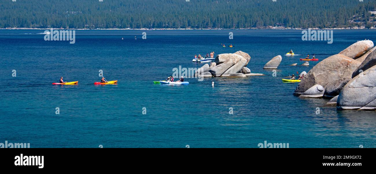 Tourists and kayakers at Lake Tahoe, Sand Harbor, Nevada, USA Stock ...