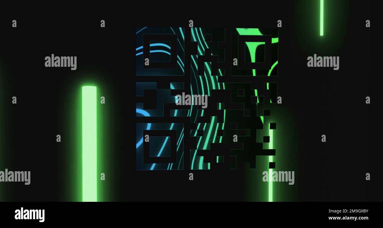 Composition of qr code and data processing over neon green lights Stock ...