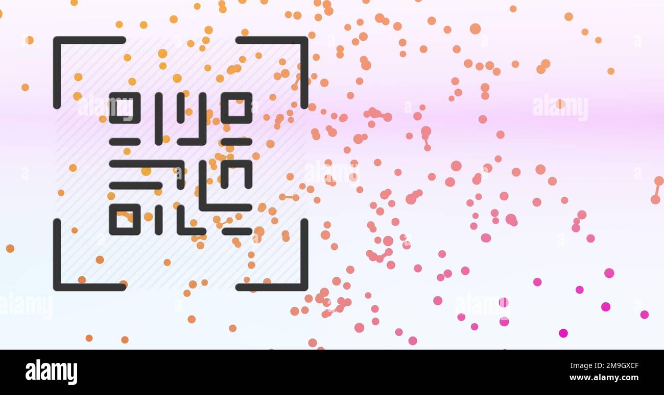 Image of qr code over dots and connections on pink and blue background ...