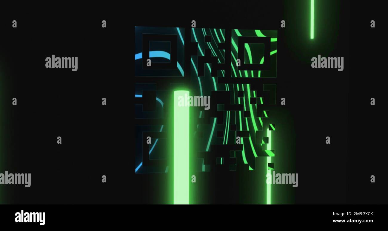 Composition of qr code and data processing over neon green lights Stock ...