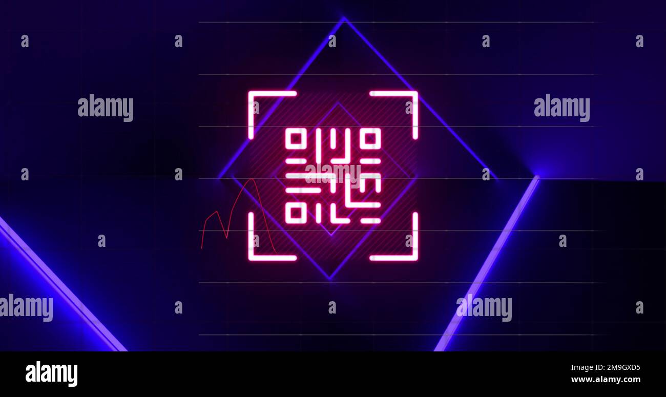 Image of red neon qr code, blue lights and data processing on black ...