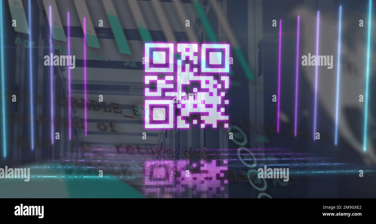 Image of pink qr code with neon lights and data processing over ...