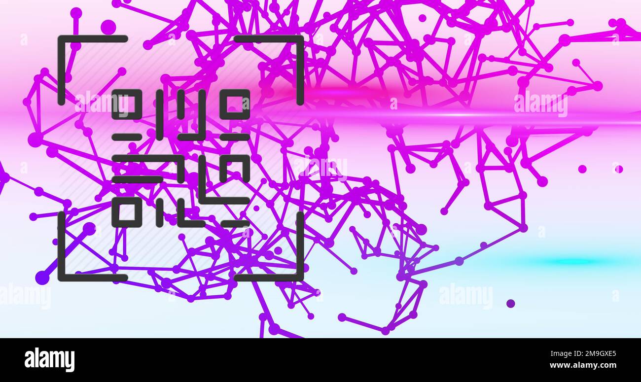 Image of qr code over dots and connections on pink and blue background ...