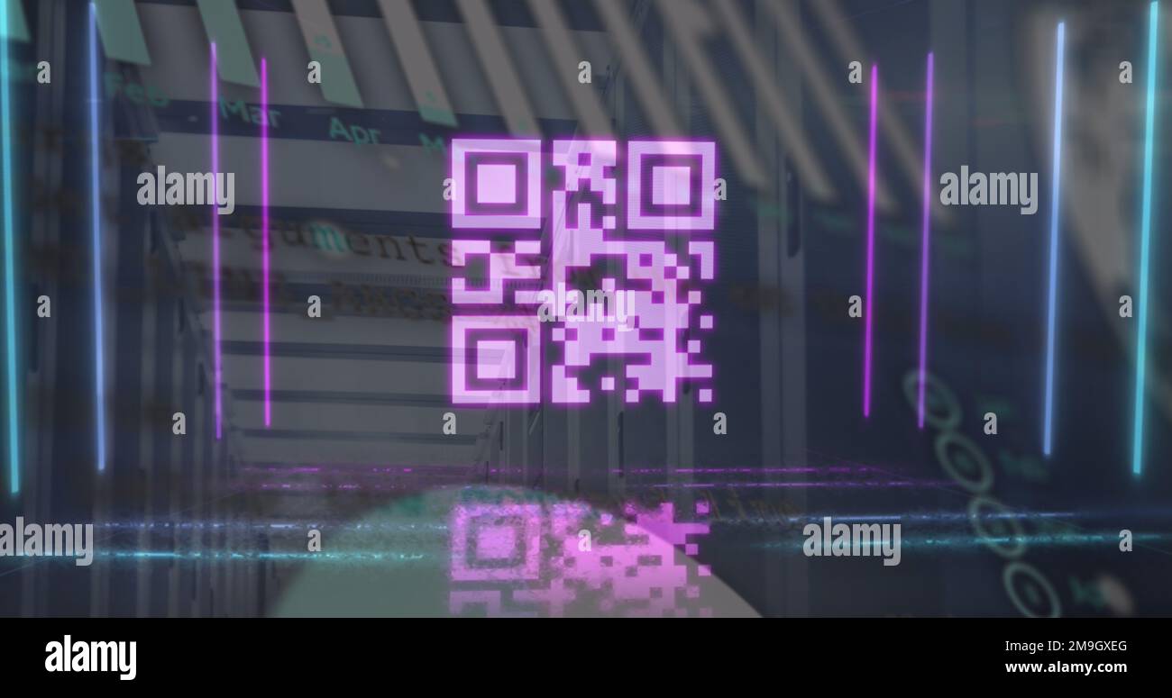 Image of pink qr code with neon lights and data processing over ...