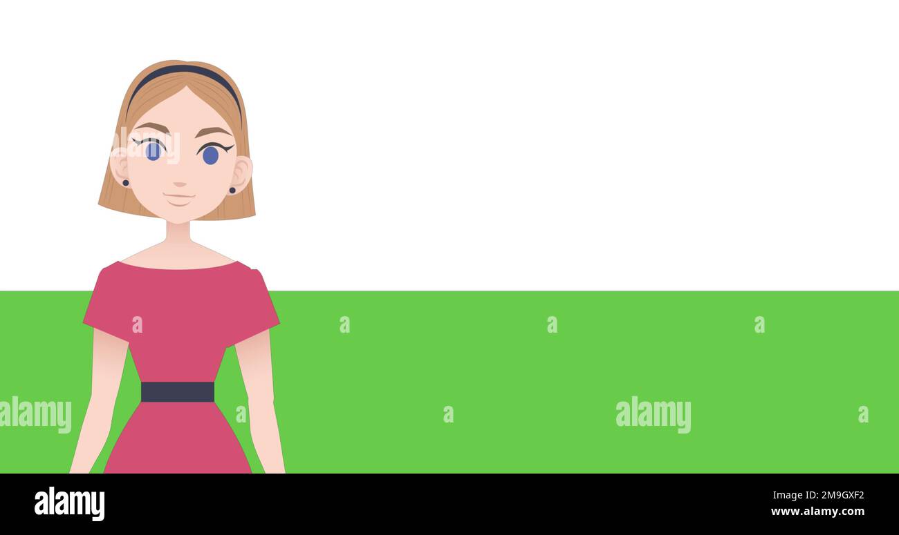 Image of pictogram of woman in pink dress with copy space on white and ...