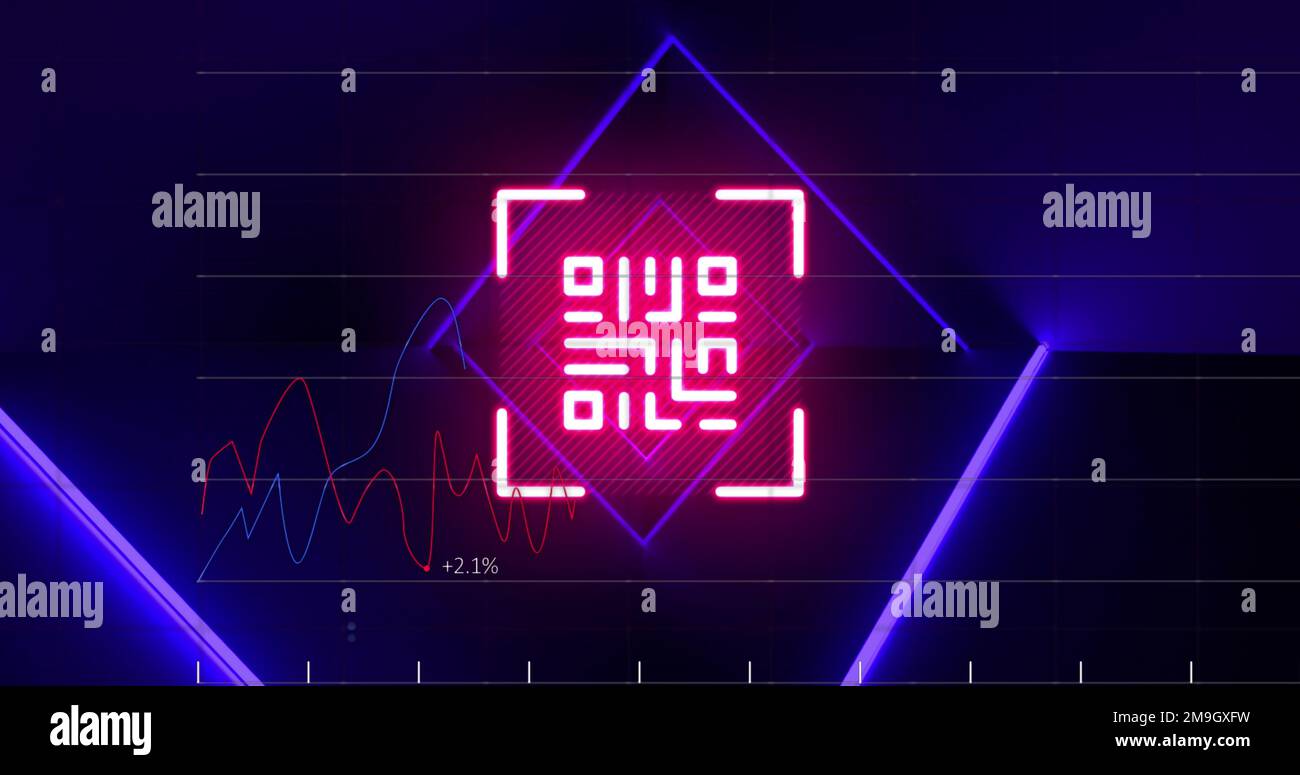 Image of red neon qr code, blue lights and data processing on black ...