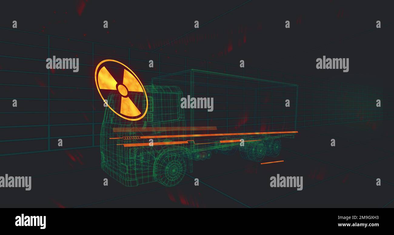 Composition of radiation warning symbol over digital truck on black ...