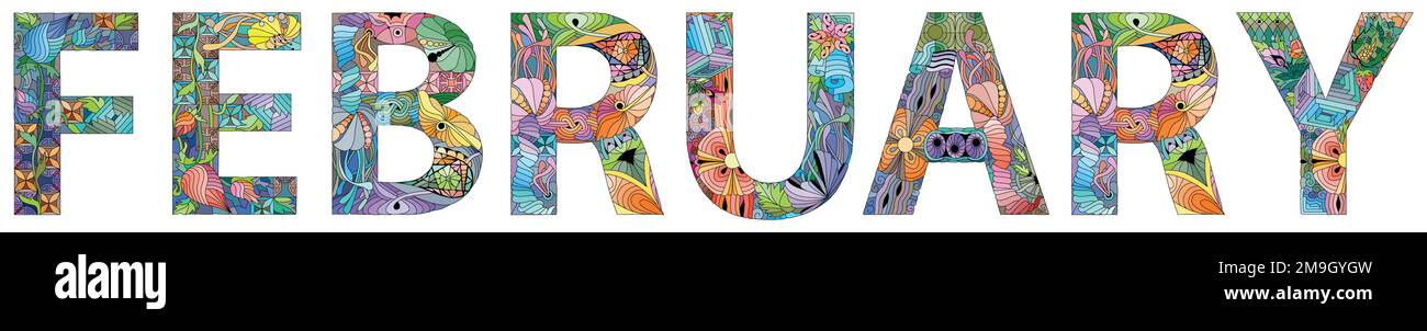Hand-painted art design. Hand drawn illustration word February for t ...
