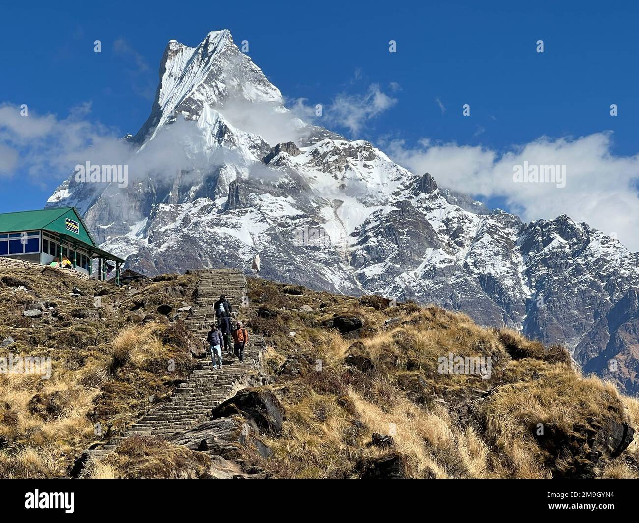 The beautiful Machapuchre Mountain with snowy peak in Nepal against the ...