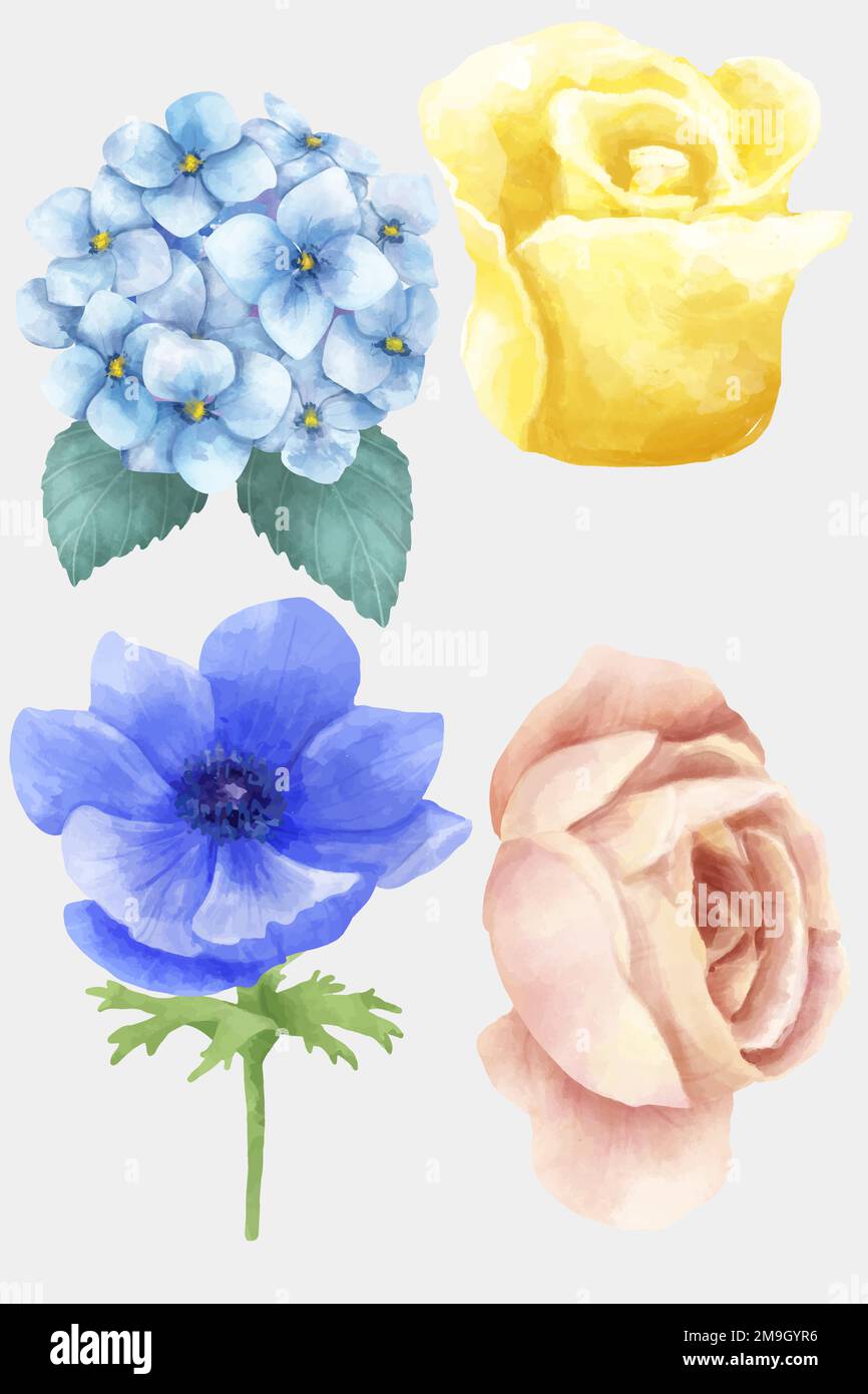 Watercolor blooming flowers vector clipart collection Stock Vector ...