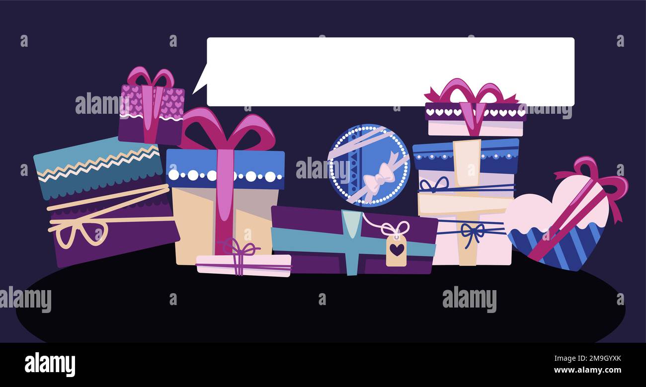 Gifts in boxes with wrapping and ribbon bows, presents for holiday ...