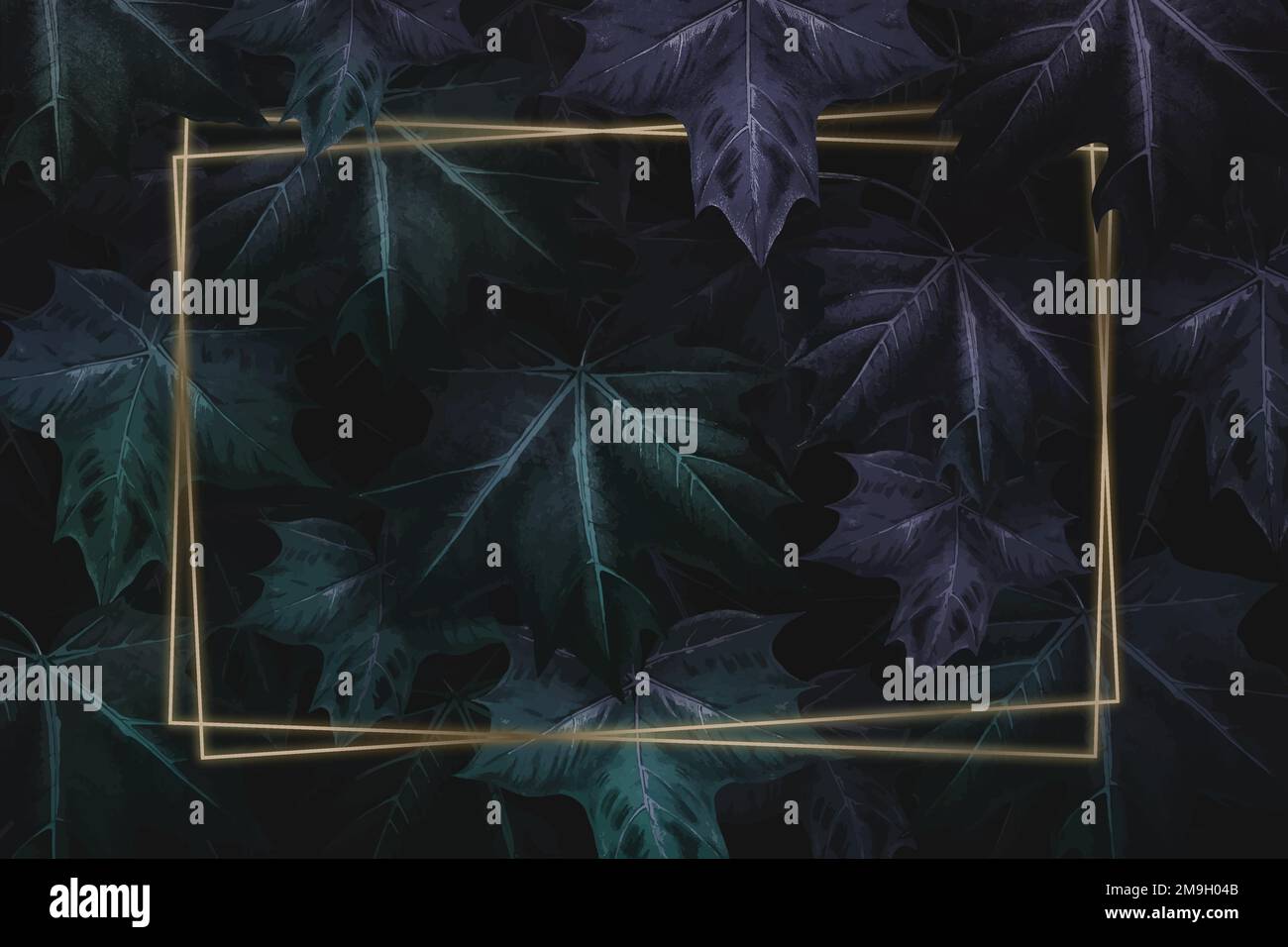 Rectangle gold frame on hand drawn purplish green maple leaf patterned ...