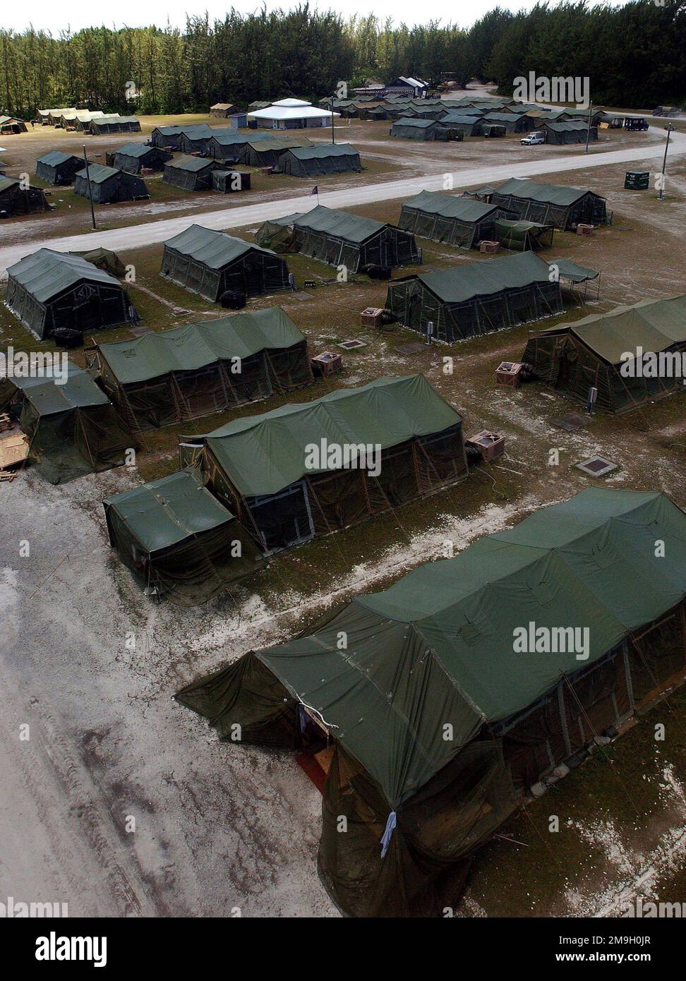 An aerial view of tent-city located inside Camp Justice at Diego Garcia ...