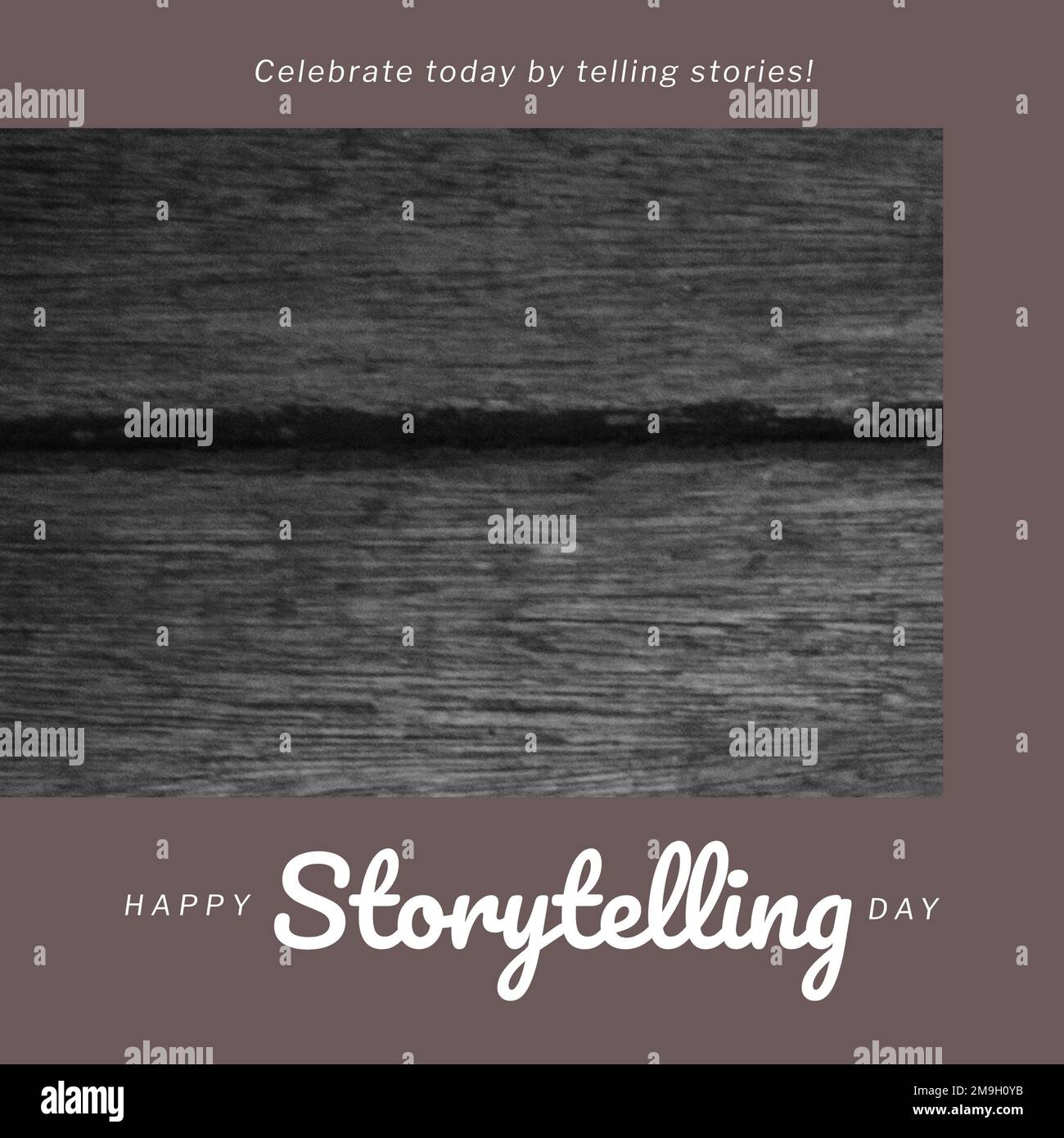 Composition of happy storytelling day text over wooden background with ...