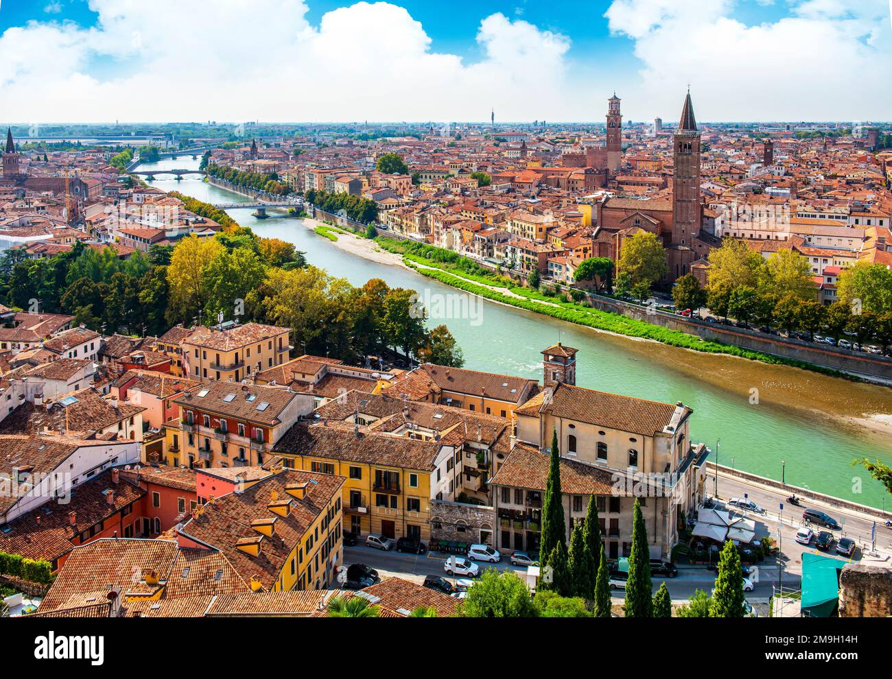 Verona city landscape with blue sky. Beautiful Verona view with Castel ...