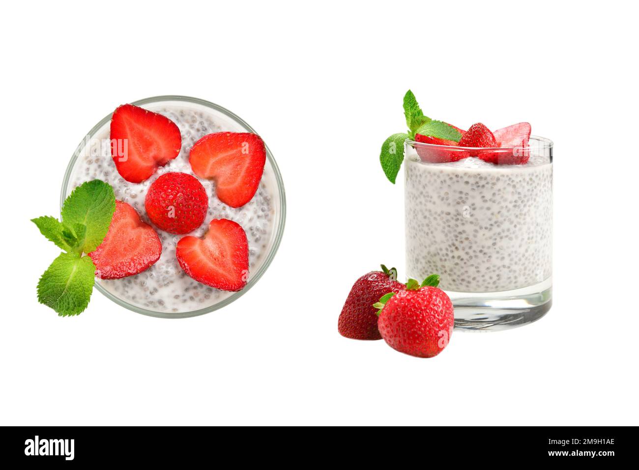 Chia pudding with strawberry and mint on a white background. Space for ...