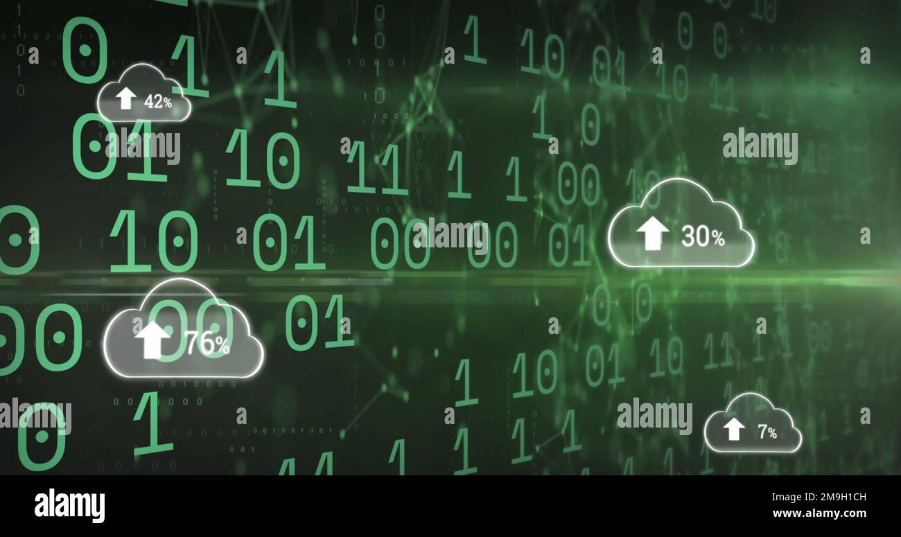 Image of clouds with uploading over binary code on green background Stock Photo - Alamy