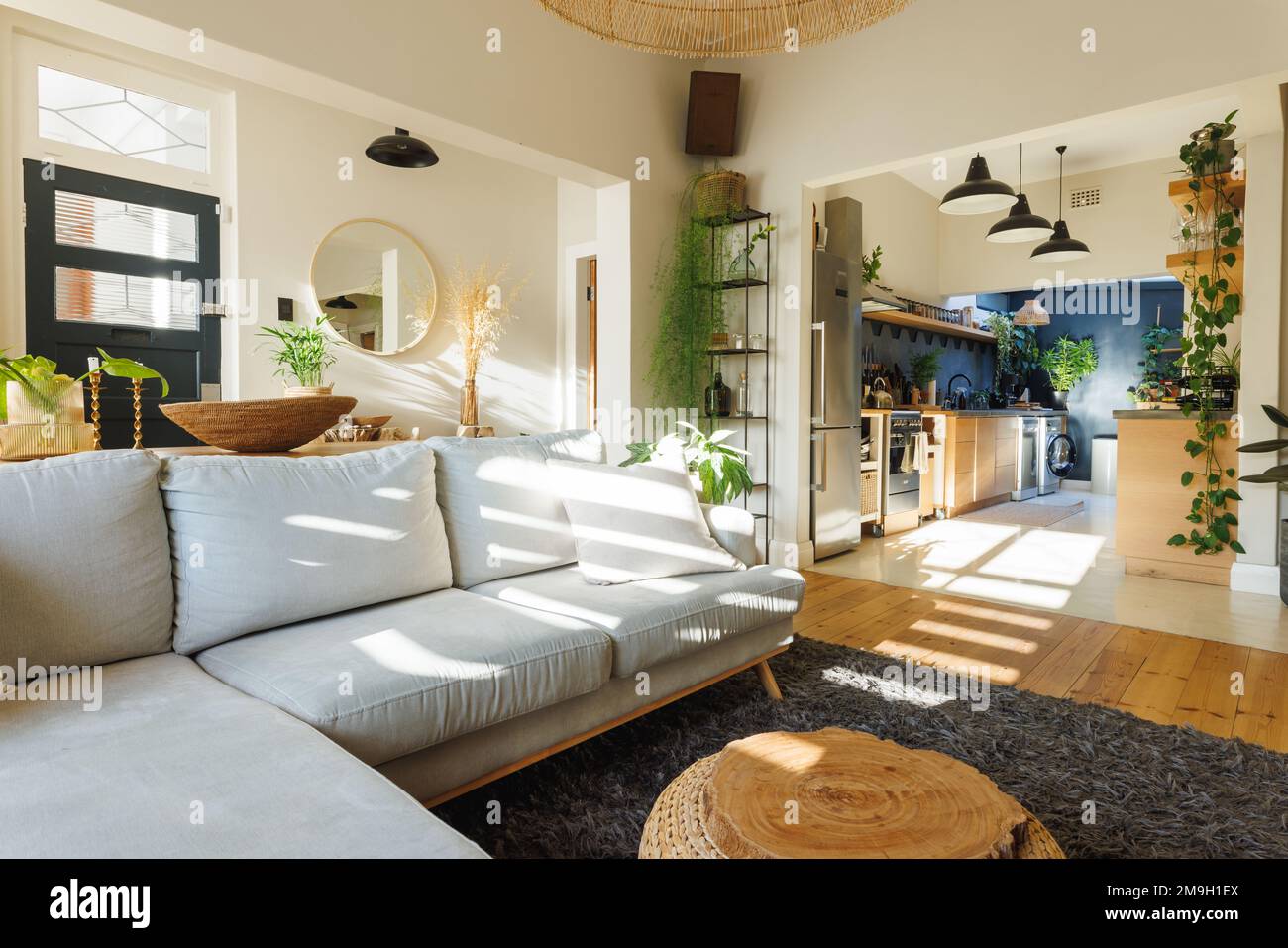 Pendant lights hanging on ceiling in modern kitchen and cushions ...