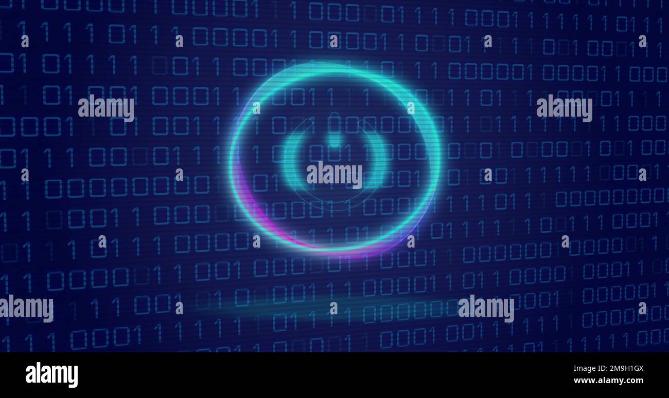 Image of neon circle with power over binary code on digital screen ...