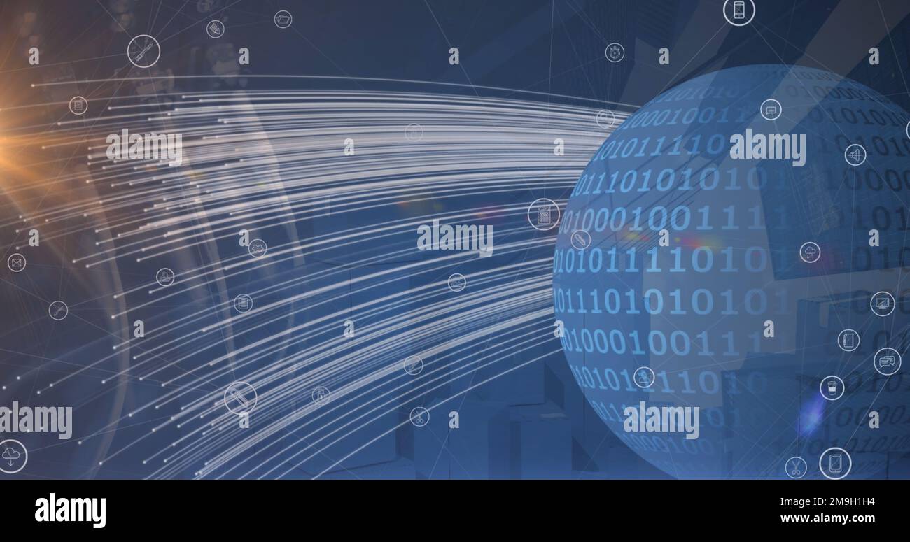 Image of icons floating over globe and binary code Stock Photo - Alamy