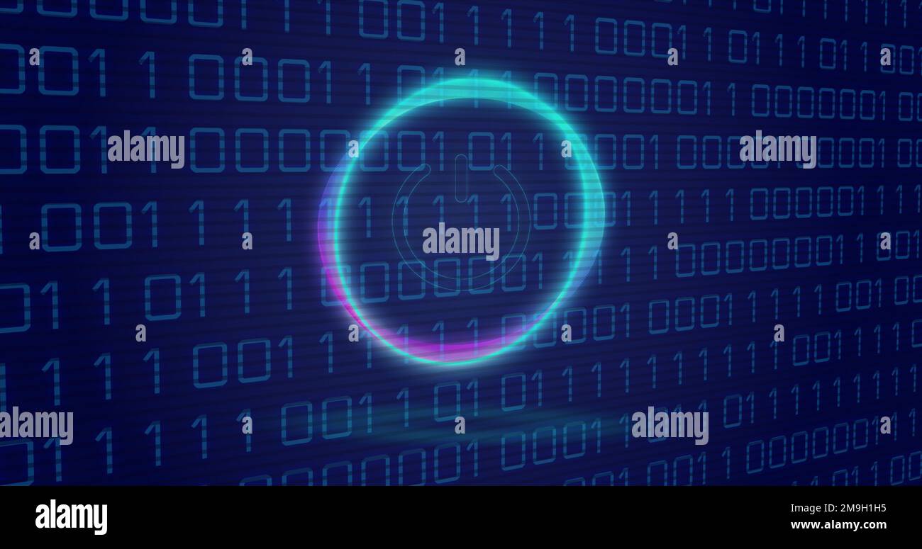 Image of neon circle with power over binary code on digital screen Stock Photo - Alamy