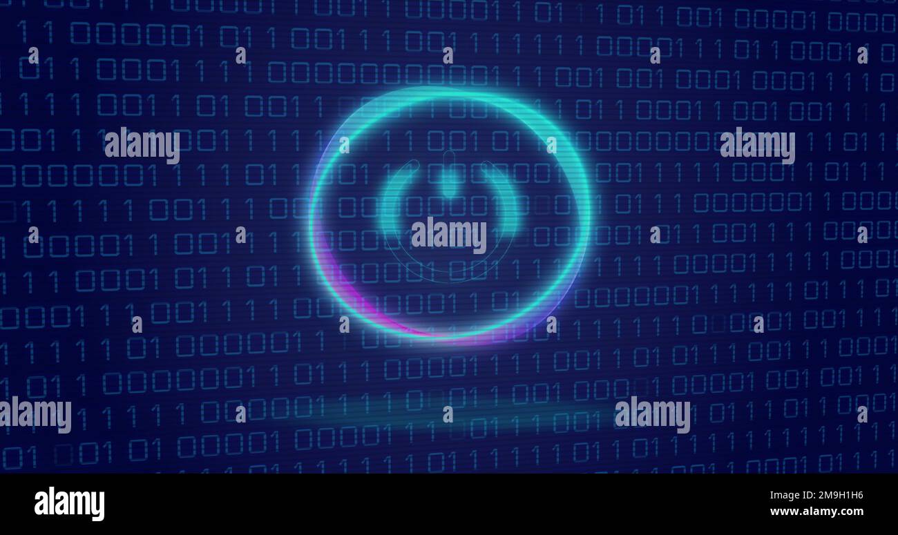 Image of neon circle with power over binary code on digital screen Stock Photo - Alamy