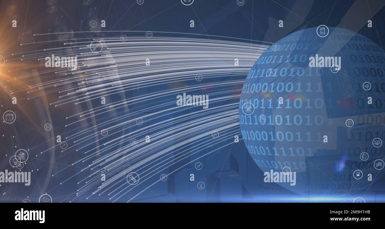 Image of icons floating over globe and binary code Stock Photo - Alamy