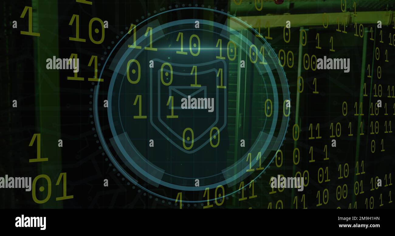 Image of cyber security and shield with email in circle over binary code on black background ...