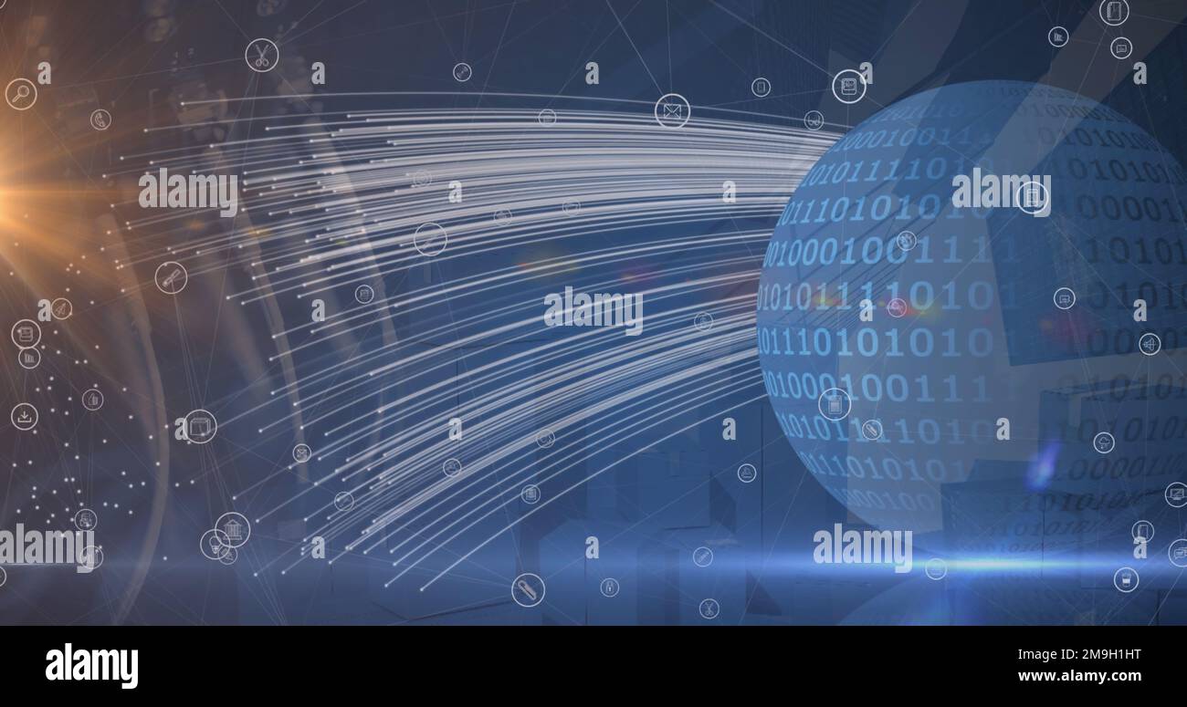 Image of icons floating over globe and binary code Stock Photo - Alamy