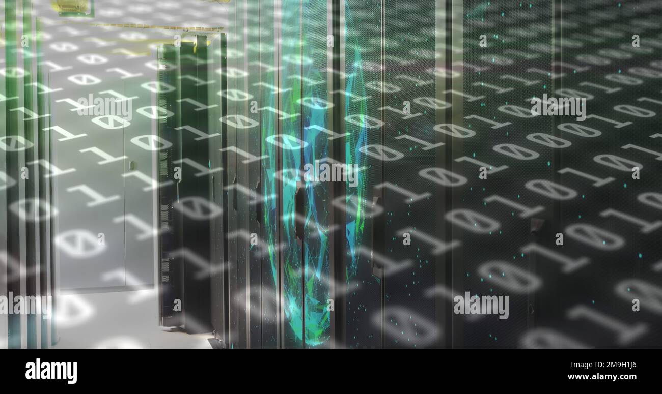 Image of binary code and shapes over servers Stock Photo - Alamy