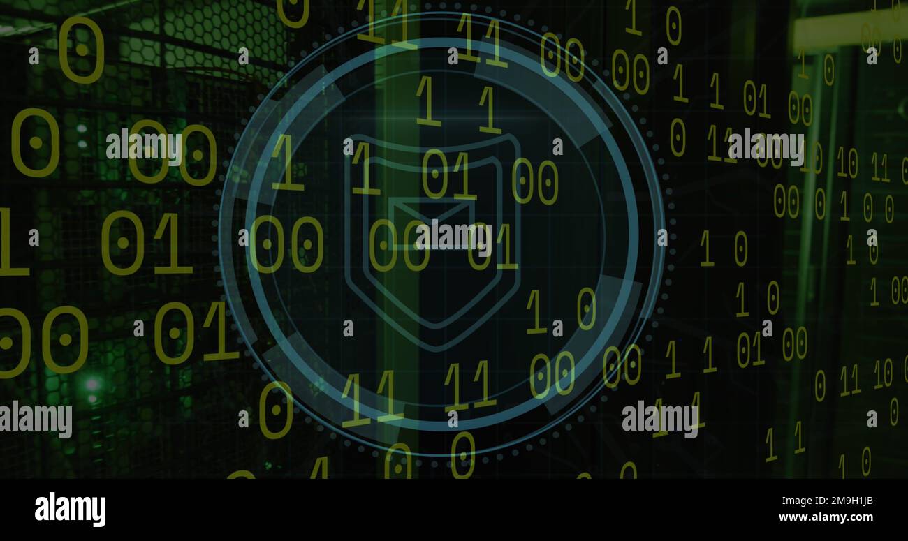 Image Of Cyber Security And Shield With Email In Circle Over Binary Code On Black Background