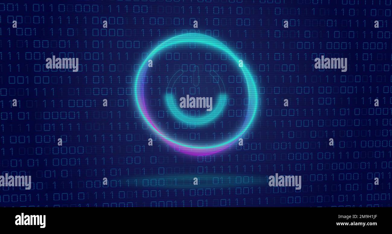 Image of neon circle with power over binary code on digital screen Stock Photo - Alamy