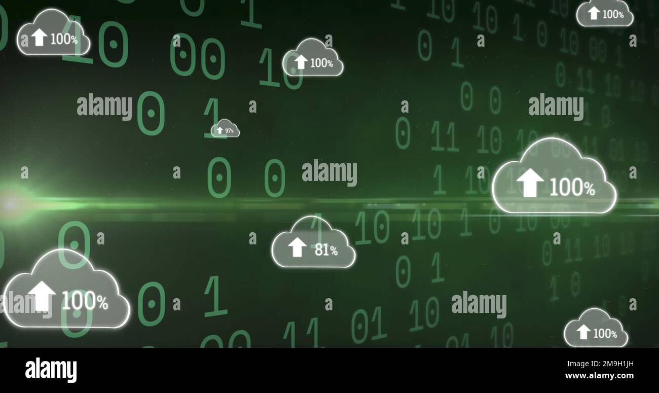 Image of clouds with uploading over binary code on green background Stock Photo - Alamy