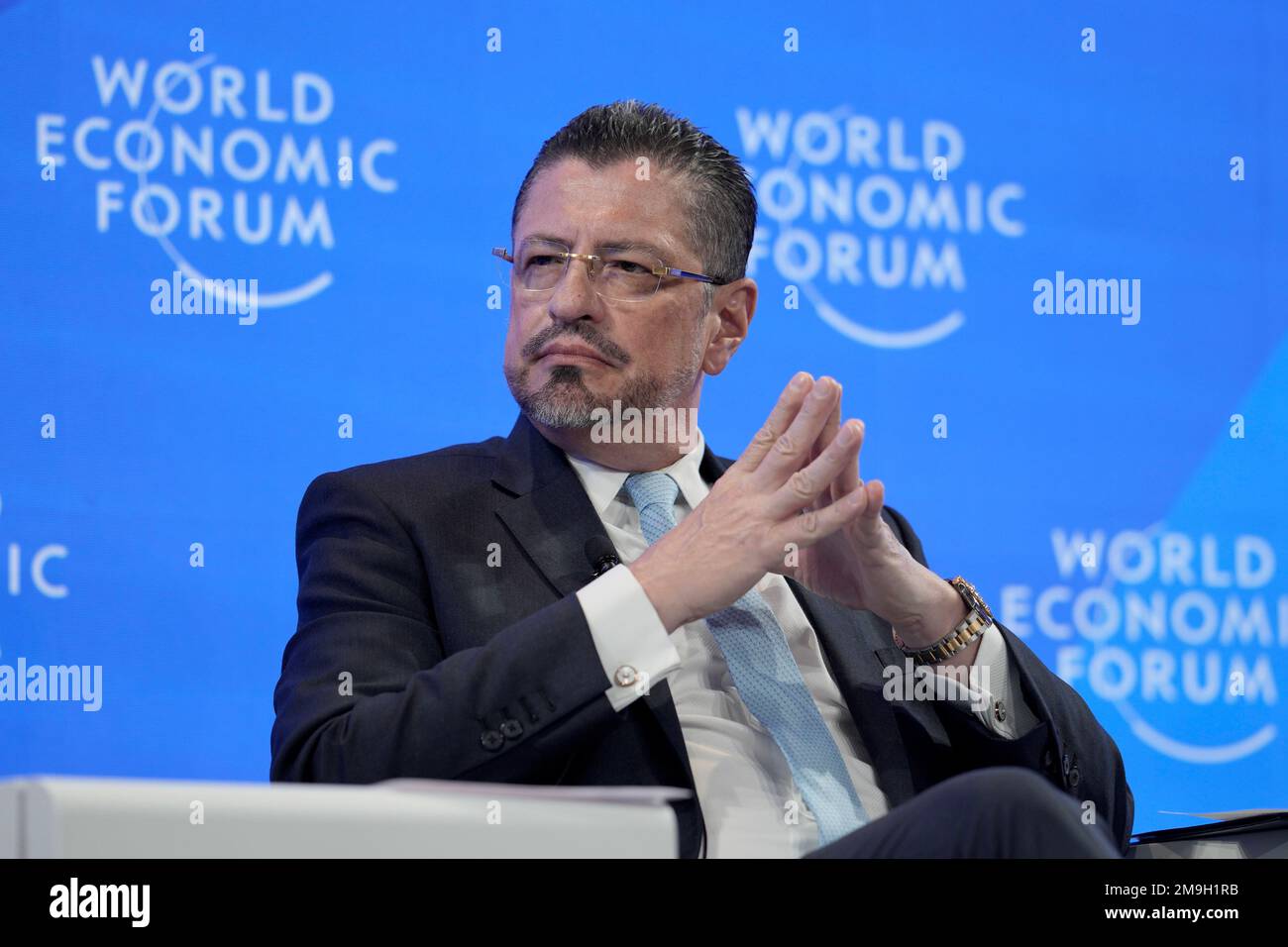 President of Costa Rica Rodrigo Chaves Robles listens on a podium at ...