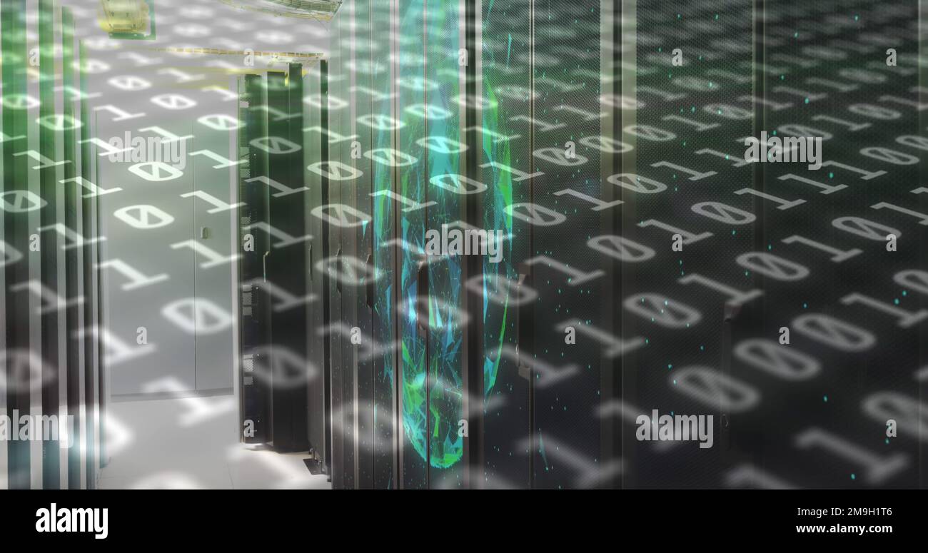 Image of binary code and shapes over servers Stock Photo - Alamy