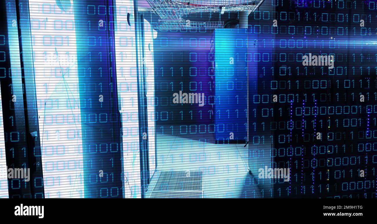 Image of binary code and lights over servers Stock Photo - Alamy