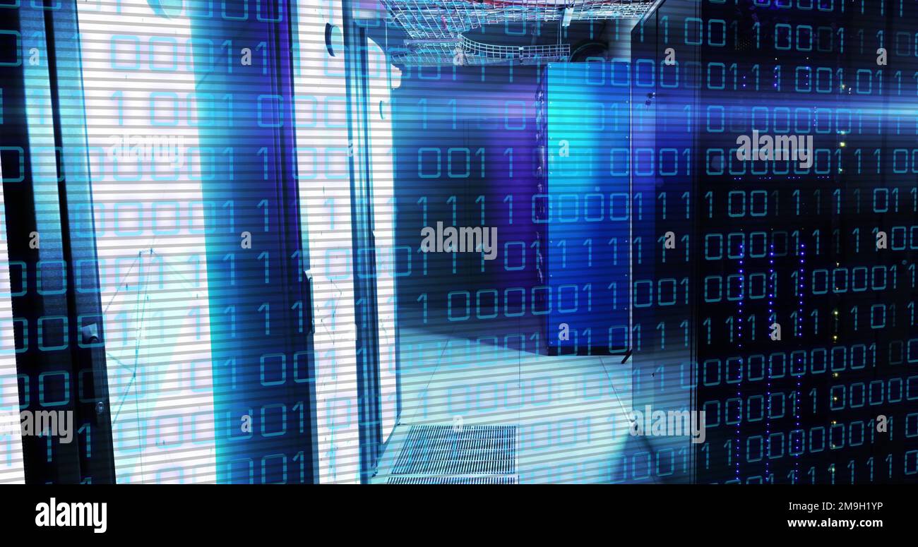 Image of binary code and lights over servers Stock Photo - Alamy