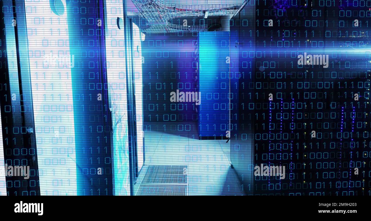 Image of binary code and lights over servers Stock Photo - Alamy