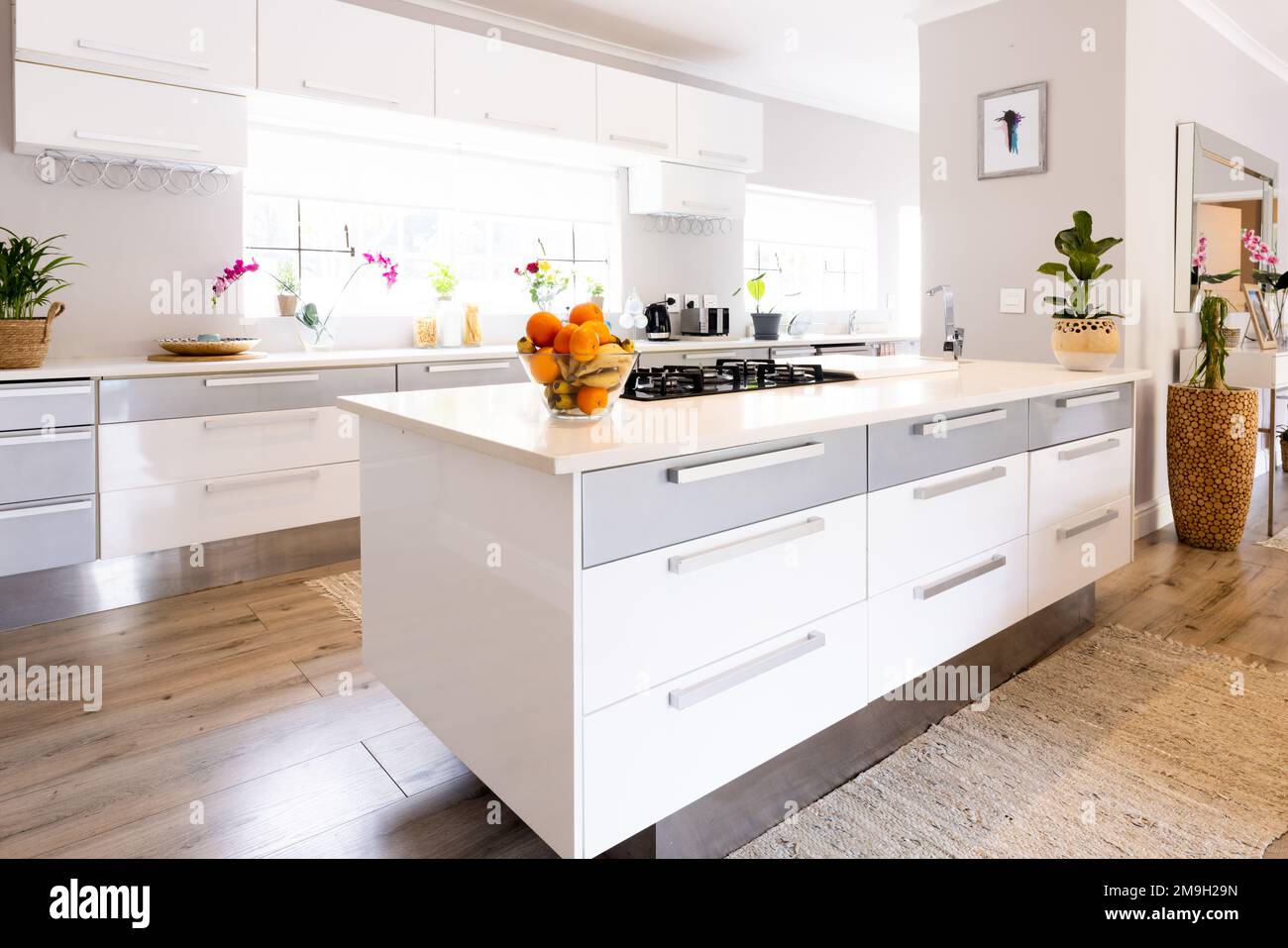 General view of luxury kitchen with white countertops and cupboards ...