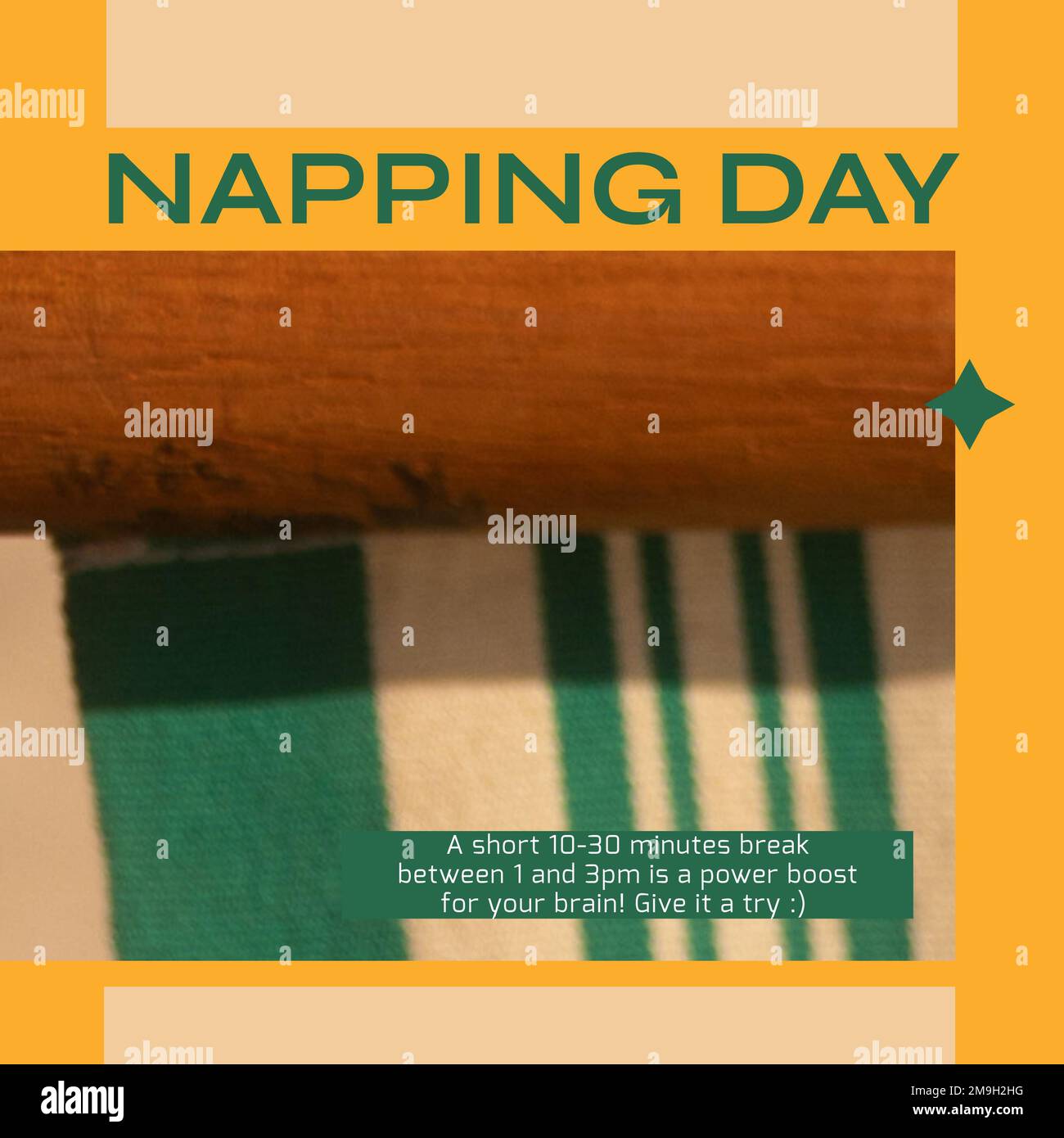 Composition of national napping day text over green stripes in ...